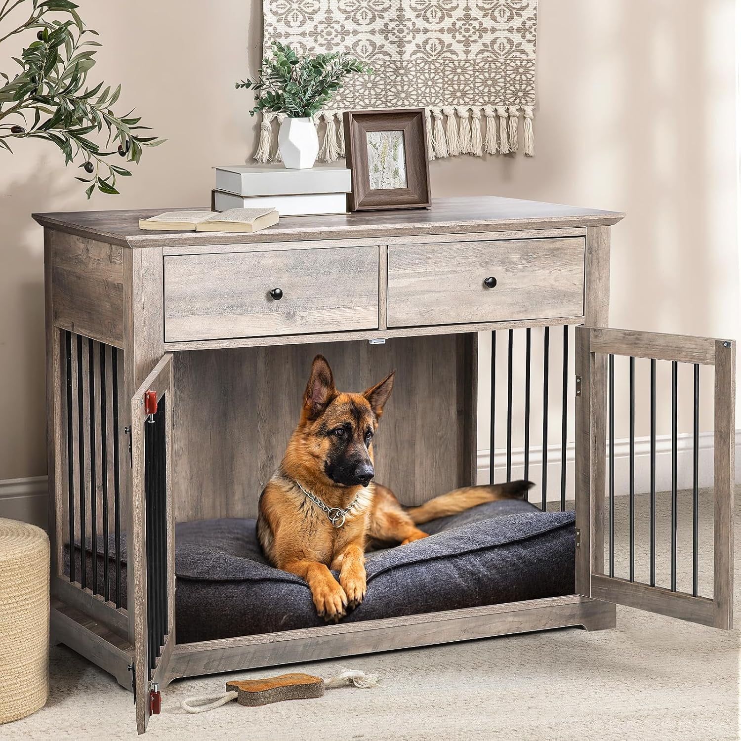 44 Inch Large Dog Crate Furniture, Wooden Dog Kennel End Table with ...