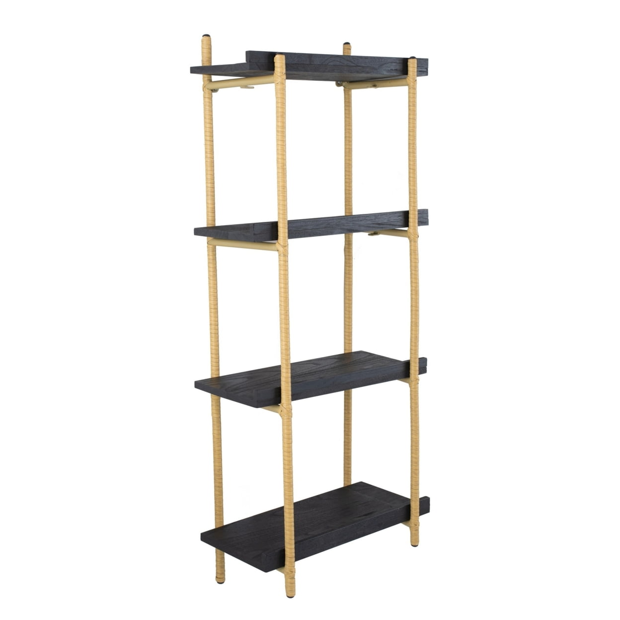 44 Inch Modern Wood Four Tier Shelf, Natural Rattan Braiding, Gold ...