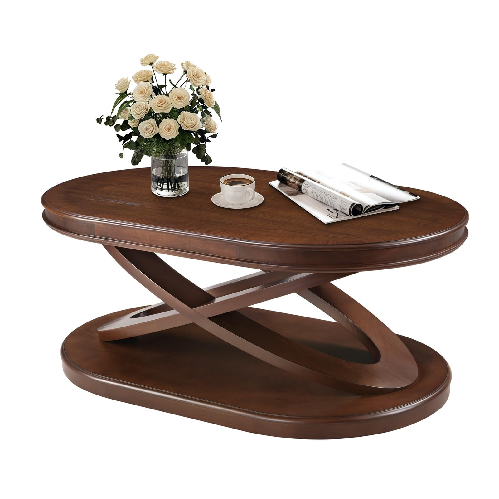 44 Inch Oval Walnut Coffee Table - Vintage X-Shaped Base Cocktail Table ...