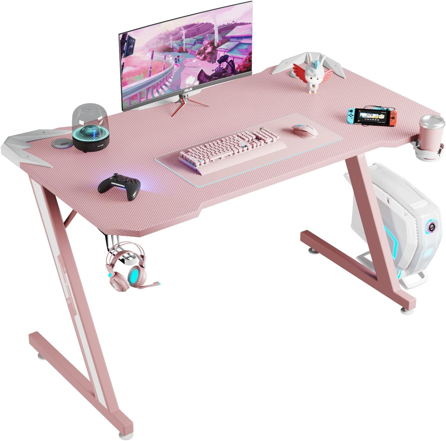 44 Inch PC Gaming Desk with Z Shaped Carbon Fiber Surface, Desktop ...