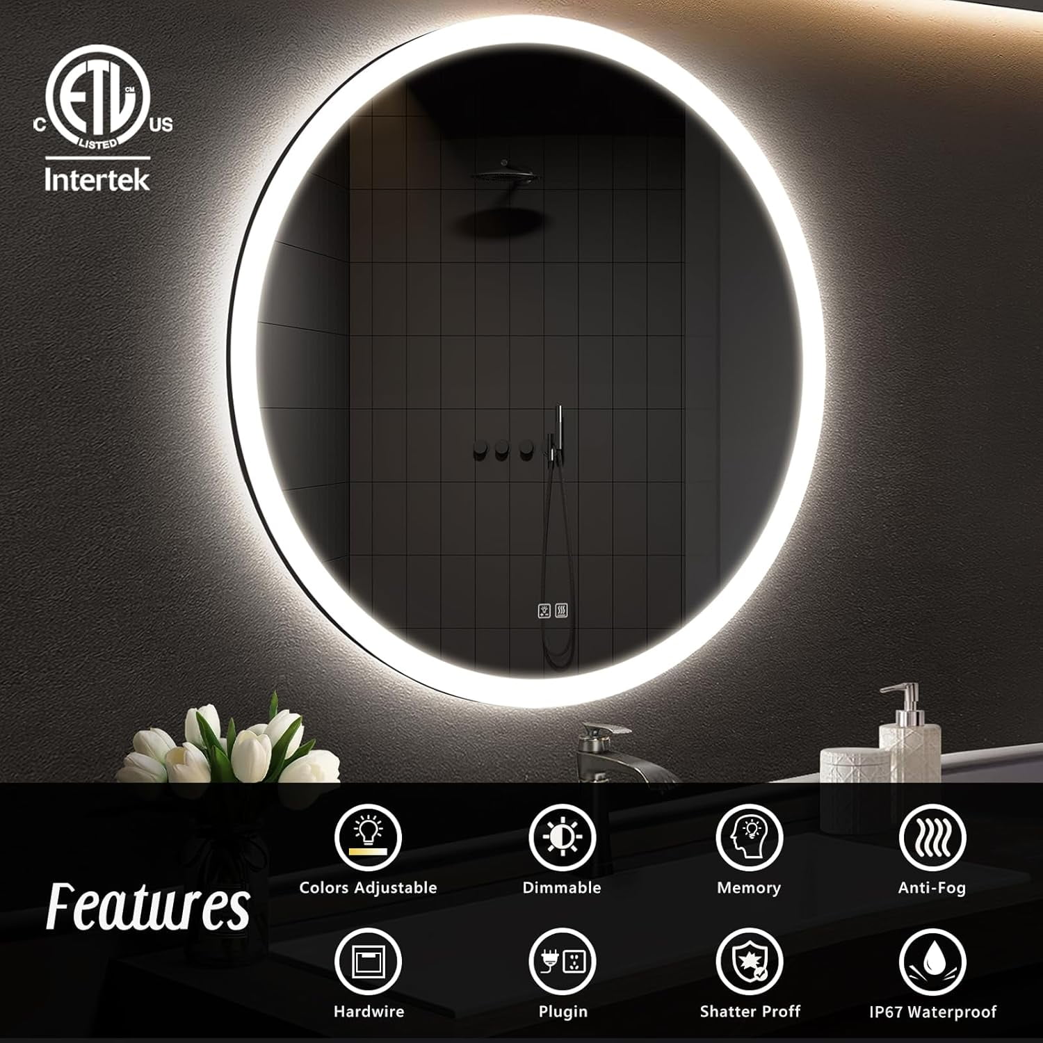 44 Inch Round LED Bathroom Vanity Mirror with Anti-Fog, 3 Color ...