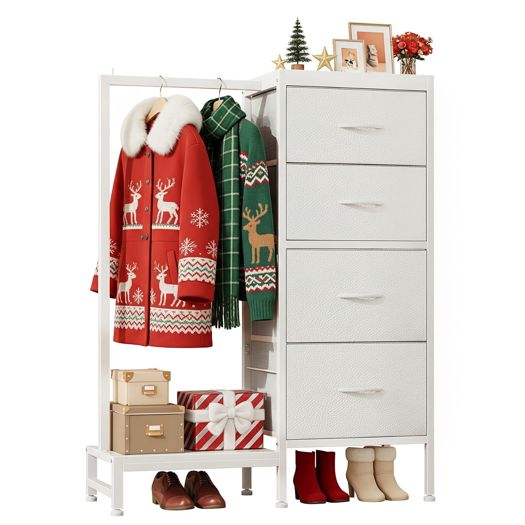 44-Inch Tall Dresser with Hanging Rack & 4 Drawers, Reversible Fabric ...