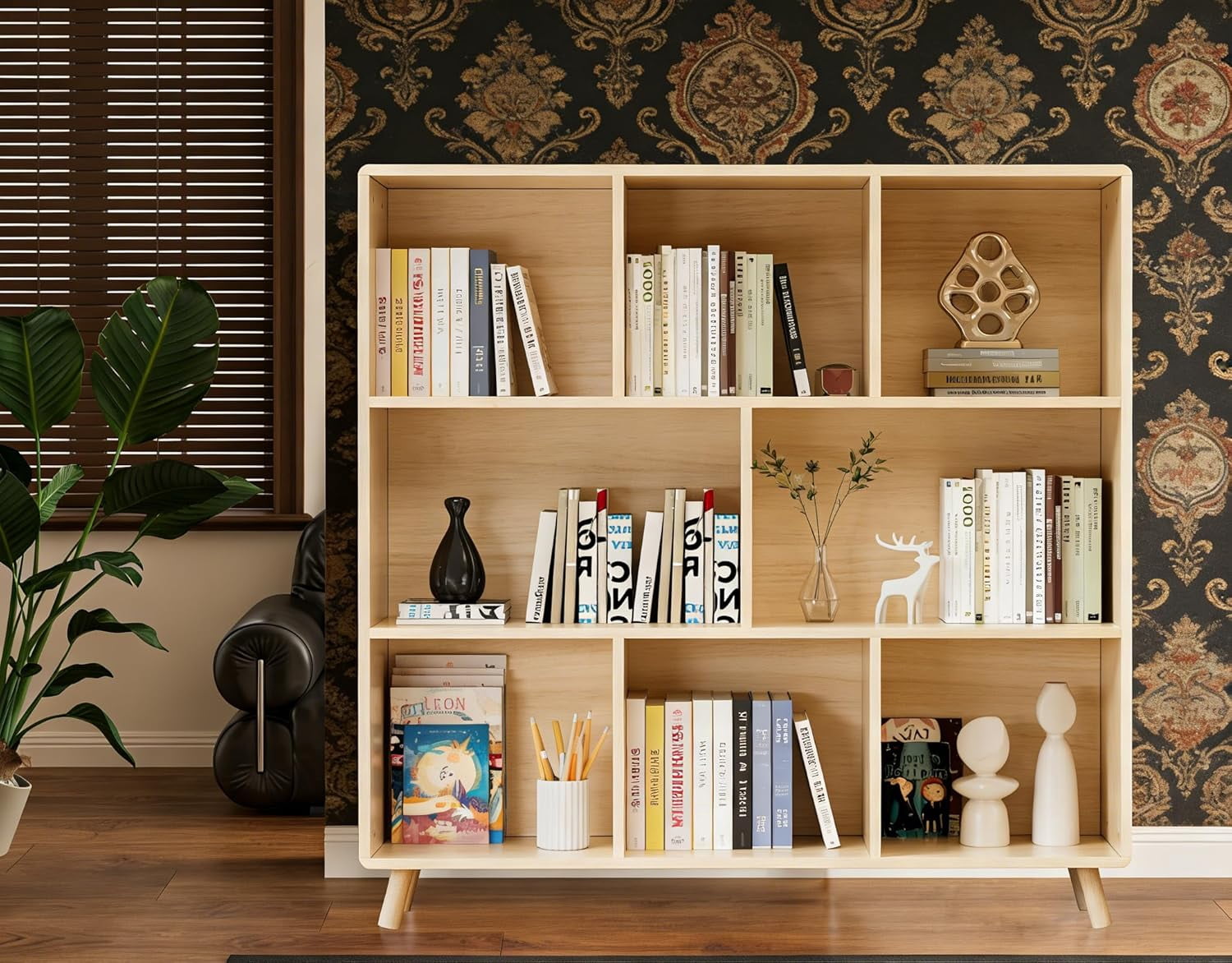 44-Inch Tall Pine Wood 8-Compartment Storage Cabinet with Fixed Shelves ...