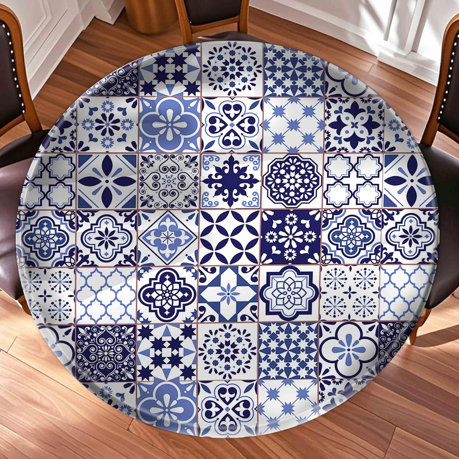 44 Inch White Blue Round Table Protector for Kitchen,Boho Grid Fitted ...
