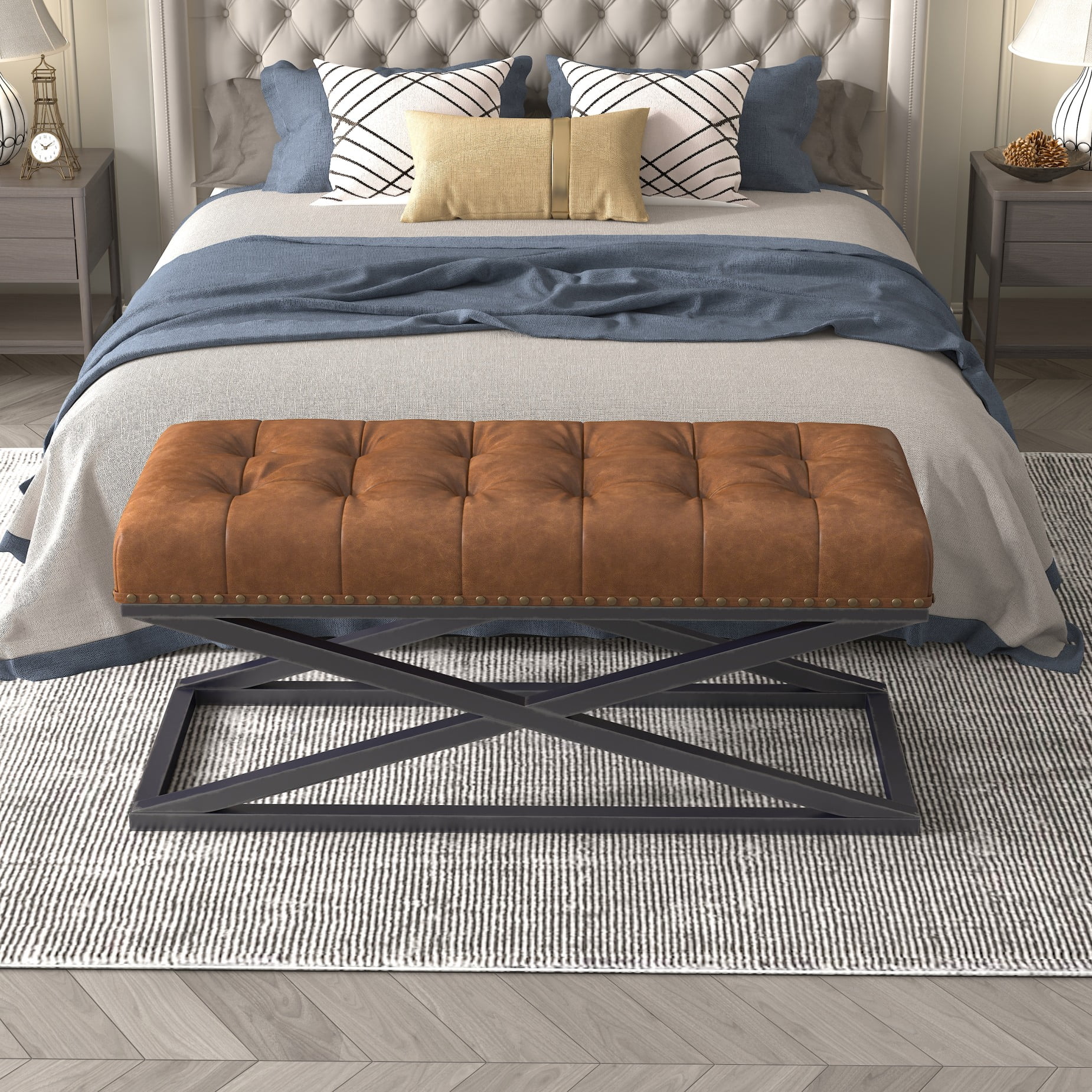 44" L Ottoman Bench with Metal Base, Vegan Leather Upholstered Bench ...