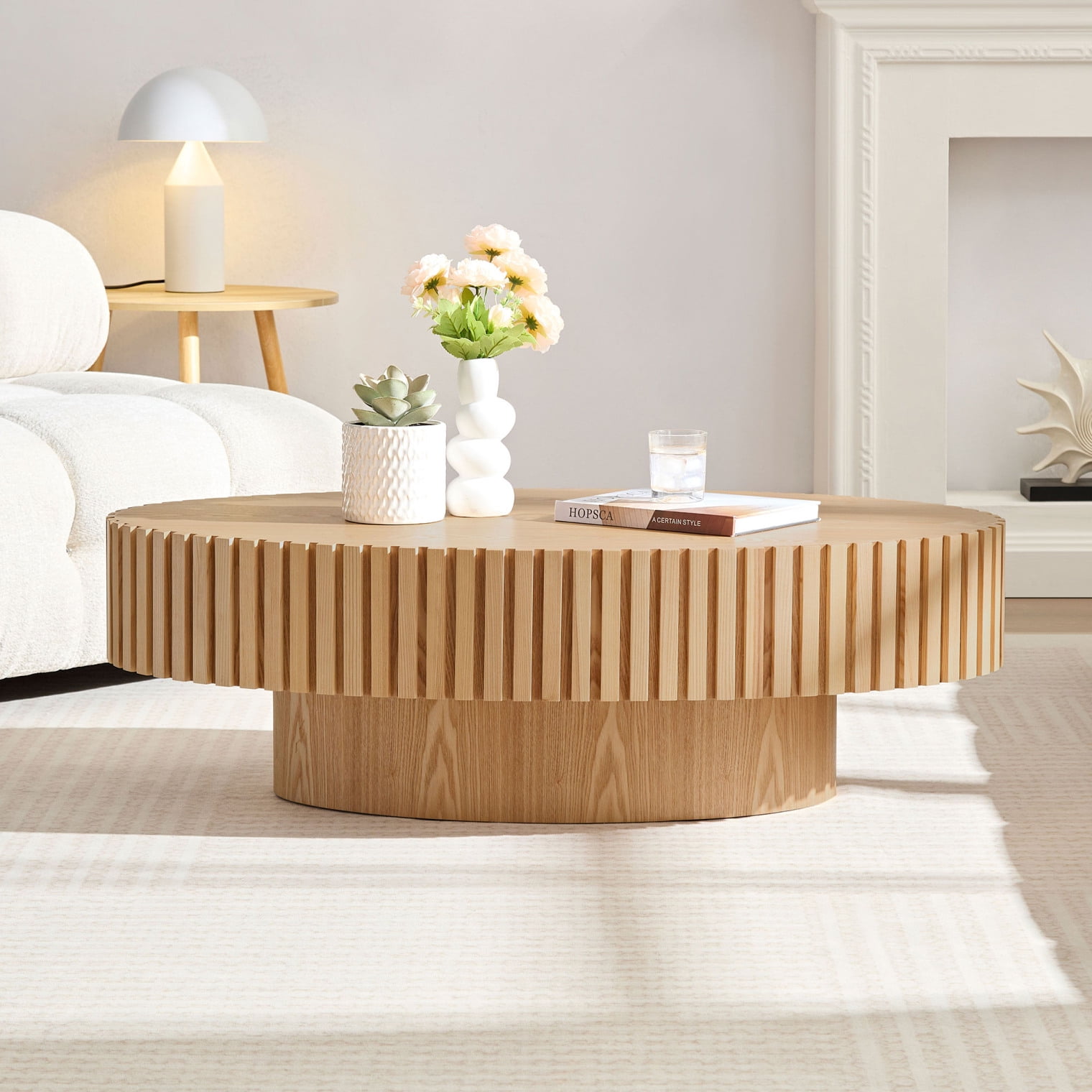 44" Oak Wood Coffee Table, Handcraft Drum Fluted Accent Table ...