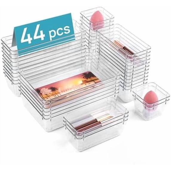 44 PCS Clear Plastic Drawer Organizers Set, 4-Size Versatile Bathroom ...