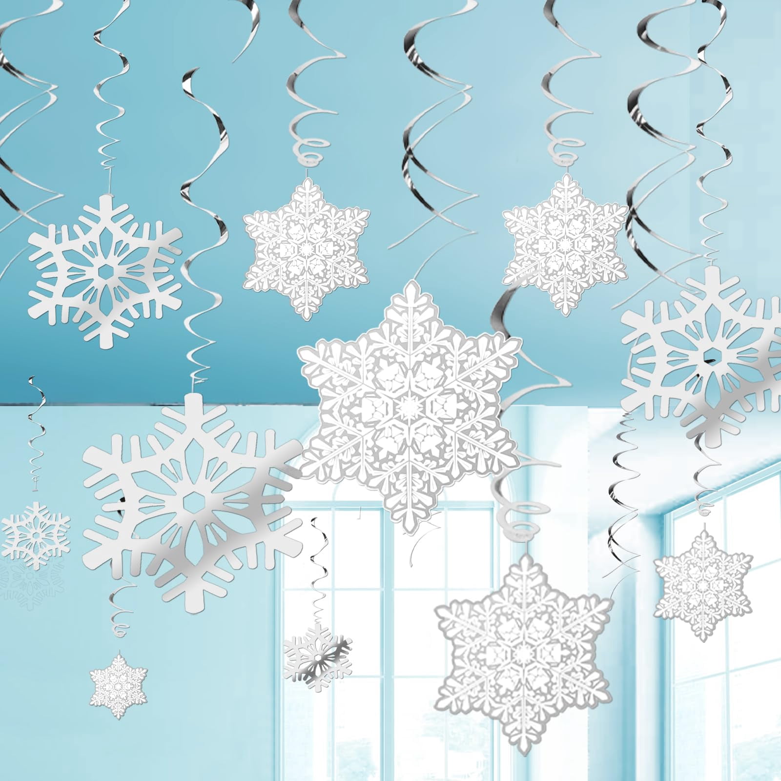 44 PCS SnowflakeEGSC Christmas Hanging Swirl Decorations, Silver ...