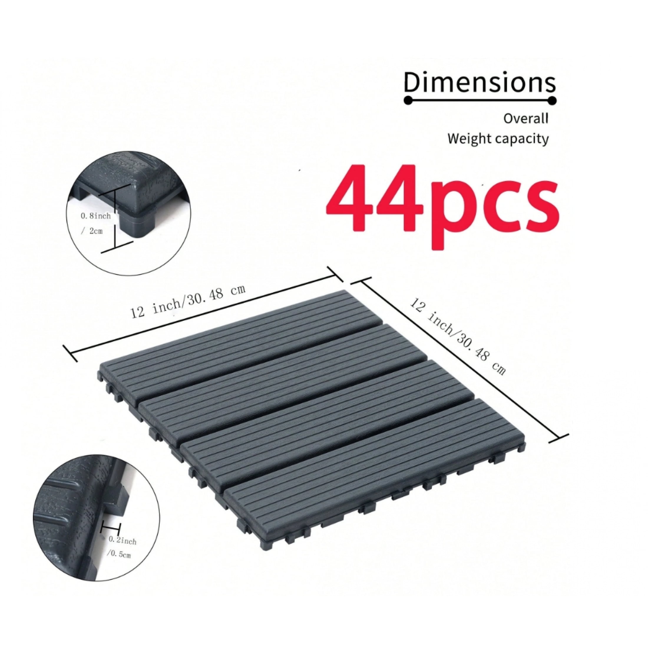 44 Pack Interlocking Plastic Deck Tiles - 12"X12" Square - Waterproof ...