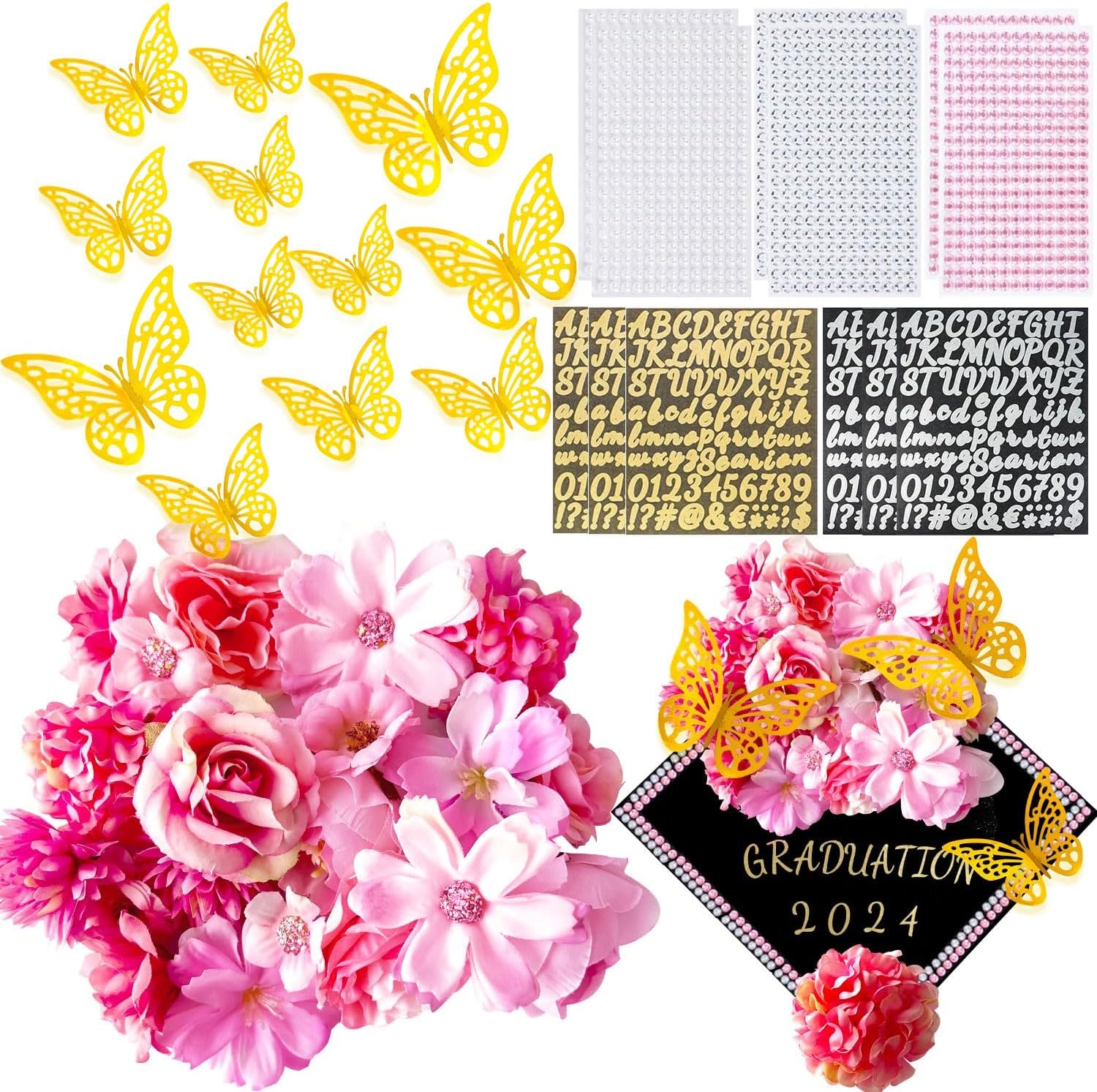 44 Pcs Graduation Cap Decorations Kit Include Flowers 3D Butterfly ...