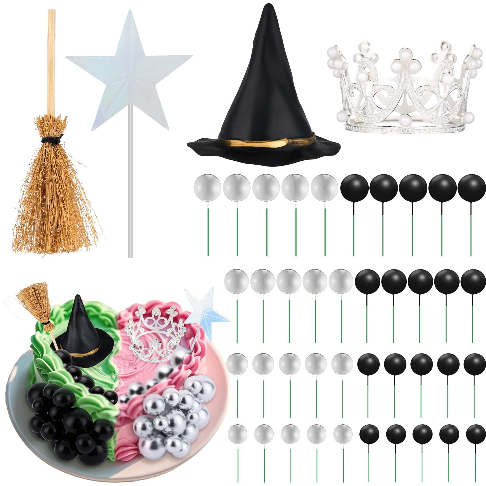 44 Pcs Witch Cake Topper Black AIS1 and Sliver Cupcake Toppers Witch Cake Decorations Mini ...