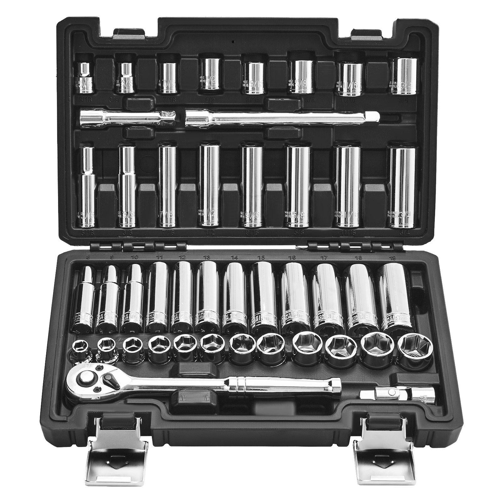 44 Piece 3/8 Inch Drive Socket and Ratchet Set SAE and Metric Deep and ...