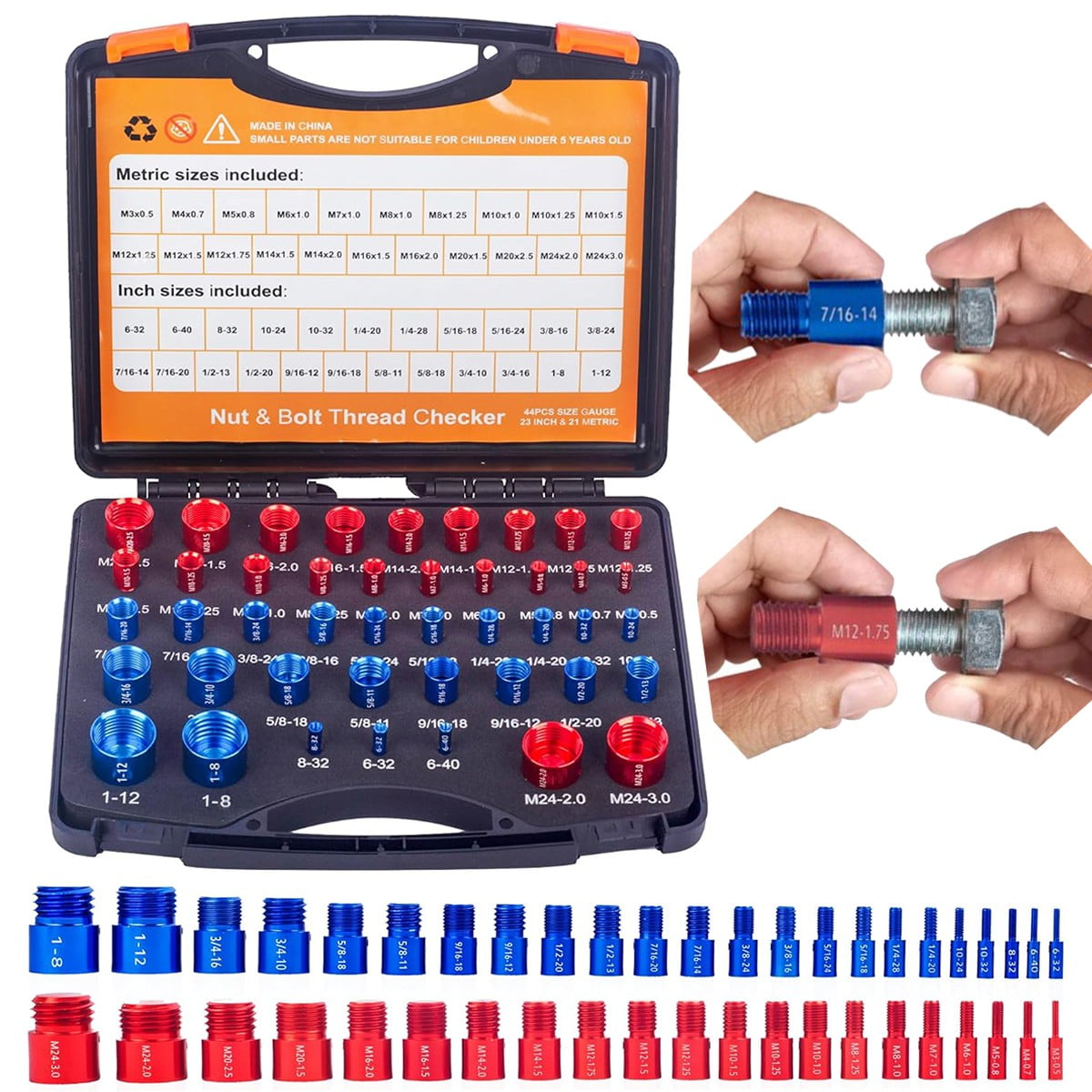 44-Piece SAE/Metric Nut & Bolt Thread Checker Kit,Portable Gauge Set ...