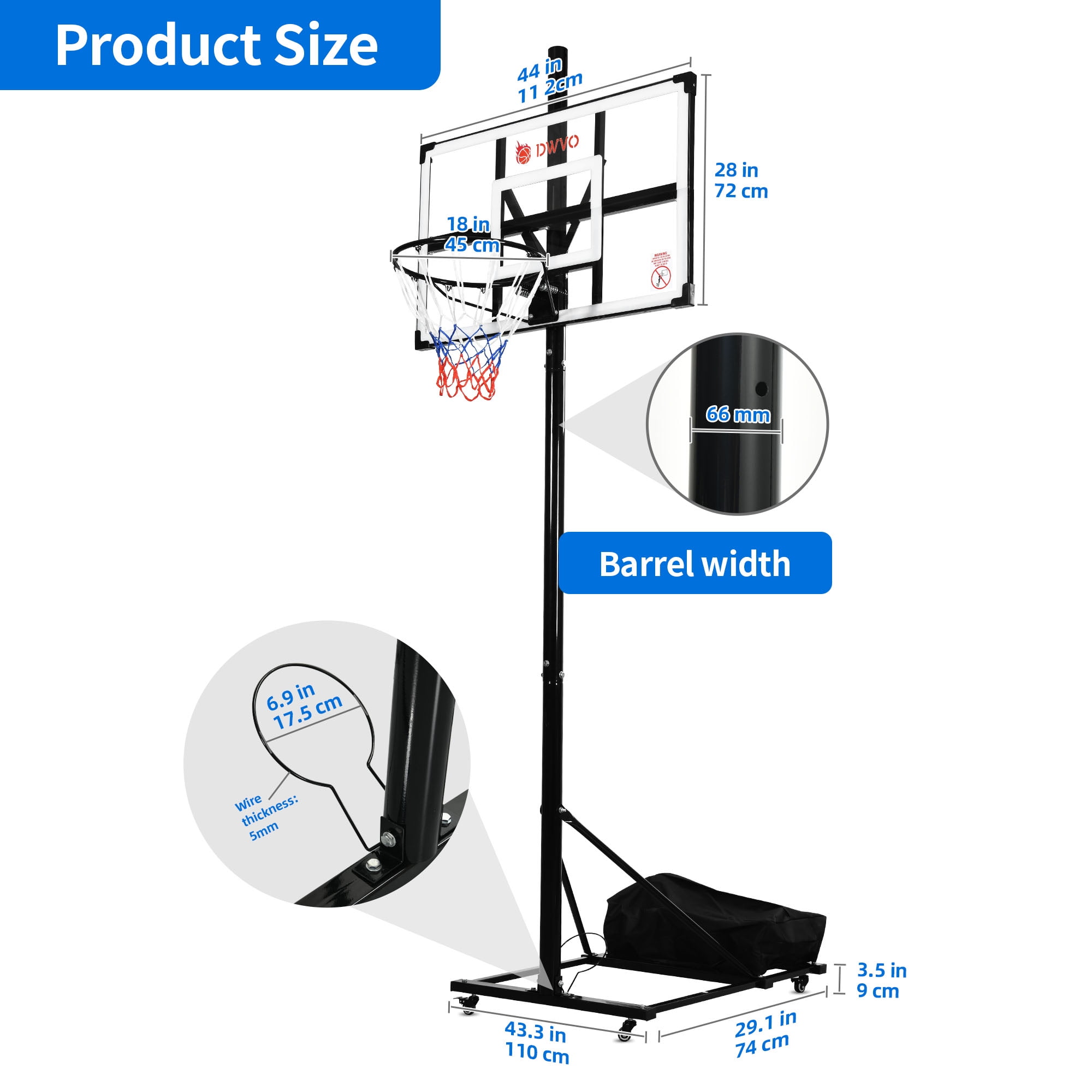 44" Portable Basketball Hoop with Shatterproof Goal System, 4.4 FT-10 ...