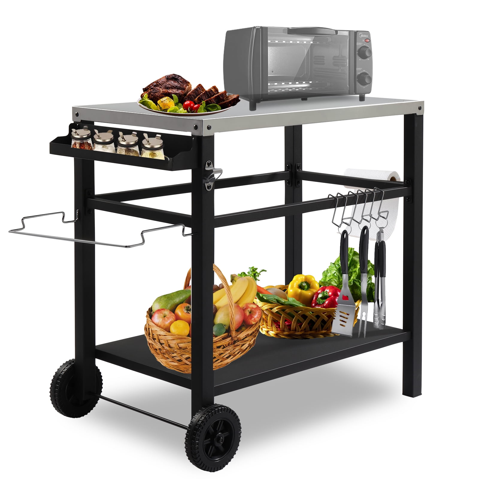 44" Stainless Steel Grill Cart - Movable BBQ Prep Station w/Spice Rack ...