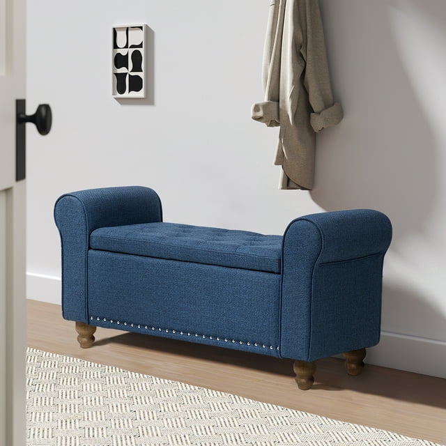 44 Storage Ottoman Bench Upholstered Rolled Arm Wood Legs Button