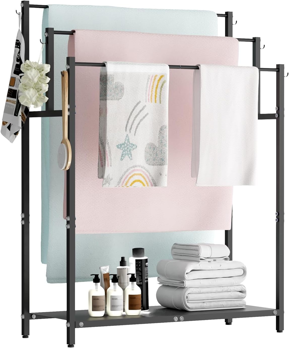 44” Tall Free Standing Towel Racks with 6 Hooks for Bathroom, 3 Tiers ...