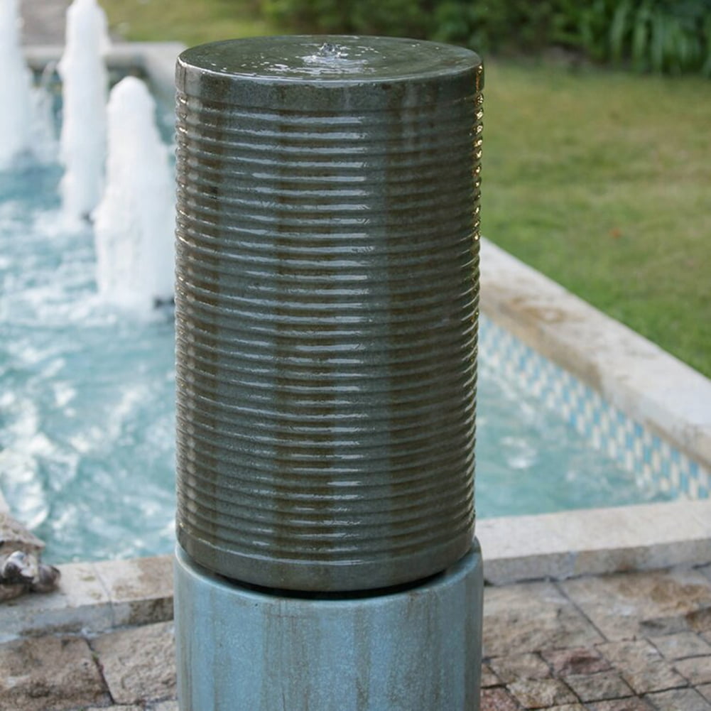 44" Tall Large Round Green Ribbed Tower Water Fountain, Verge Bronze ...