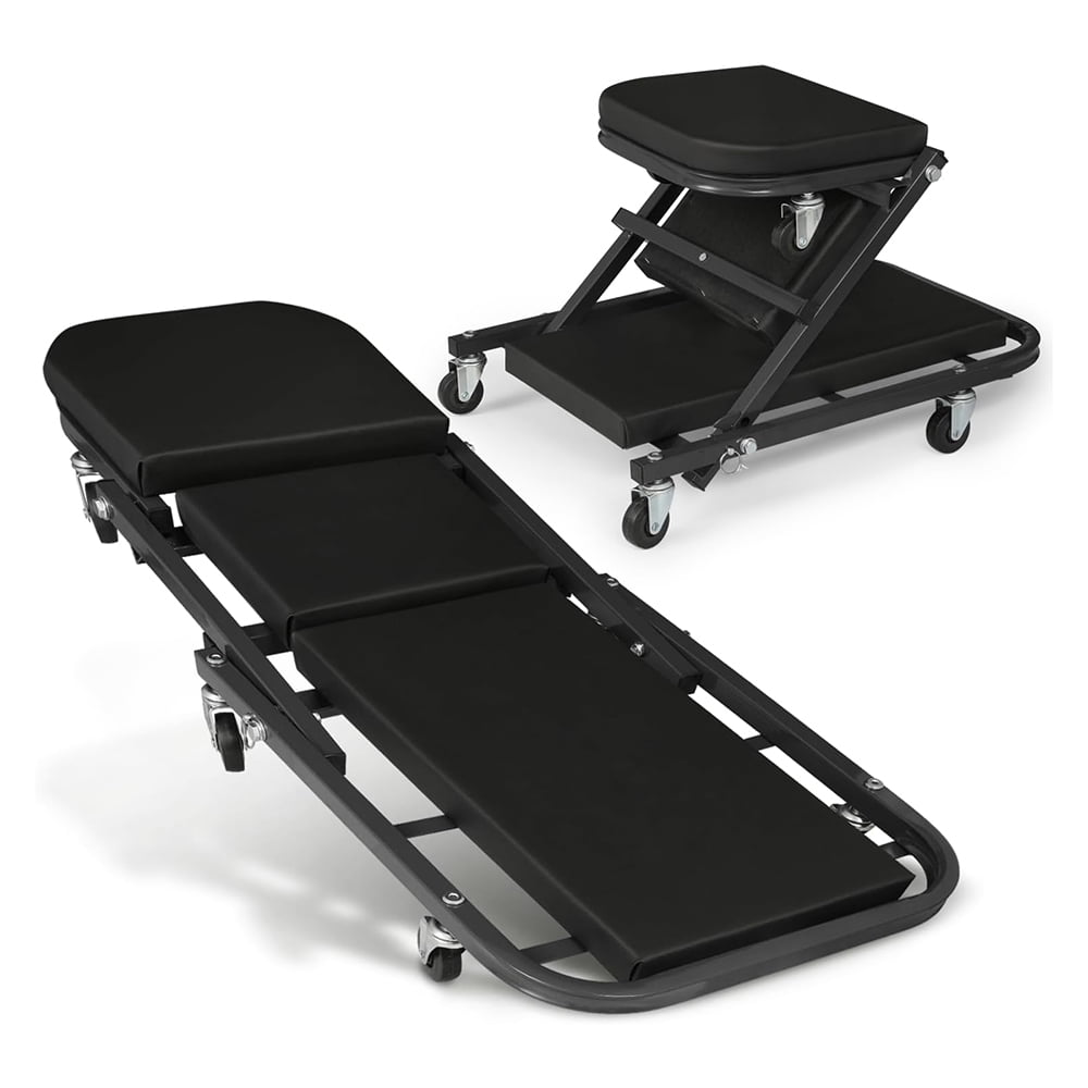 44" Triplex Folding Creeper 2-in-1 Garage Folding Creeper and Seat with ...