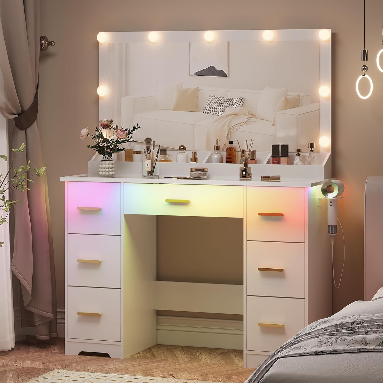 44" Vanity Desk with Mirror and Lights, Glass Top Makeup Vanity with ...