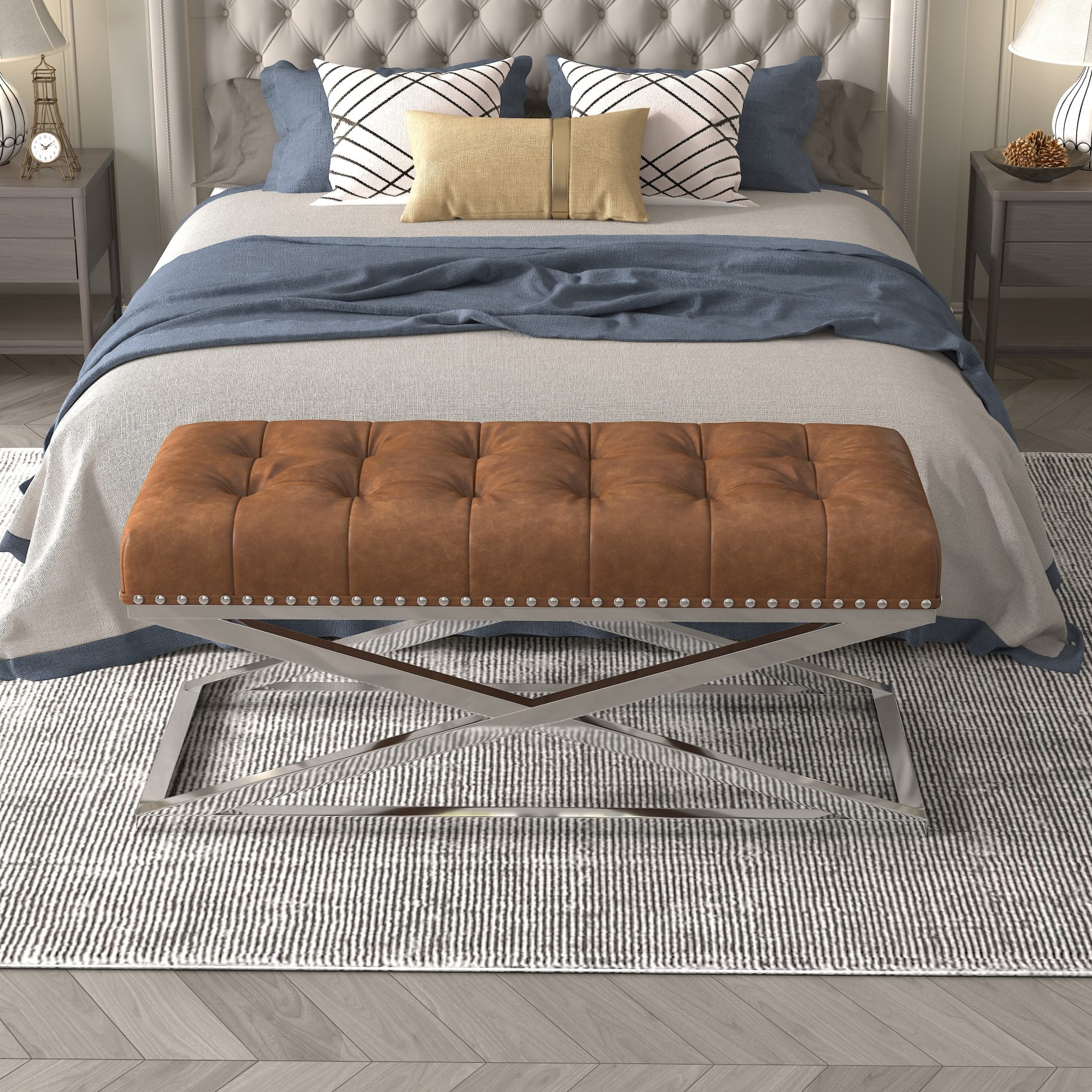 44" Vintage Vegan Leather Entryway Bench, Modern Upholstered End of Bed ...