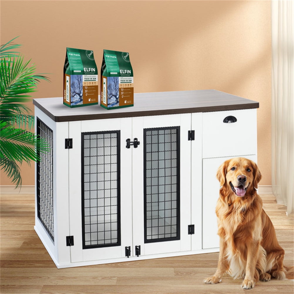 44"W Dog Crate Furniture, Wooden Dog House with Double Doors, Drawers, Dog Cage Side End Table ...