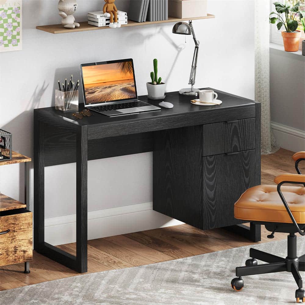 44 in. Black 1-Drawer Computer Desk with Storage Cabinet Pull-Out ...