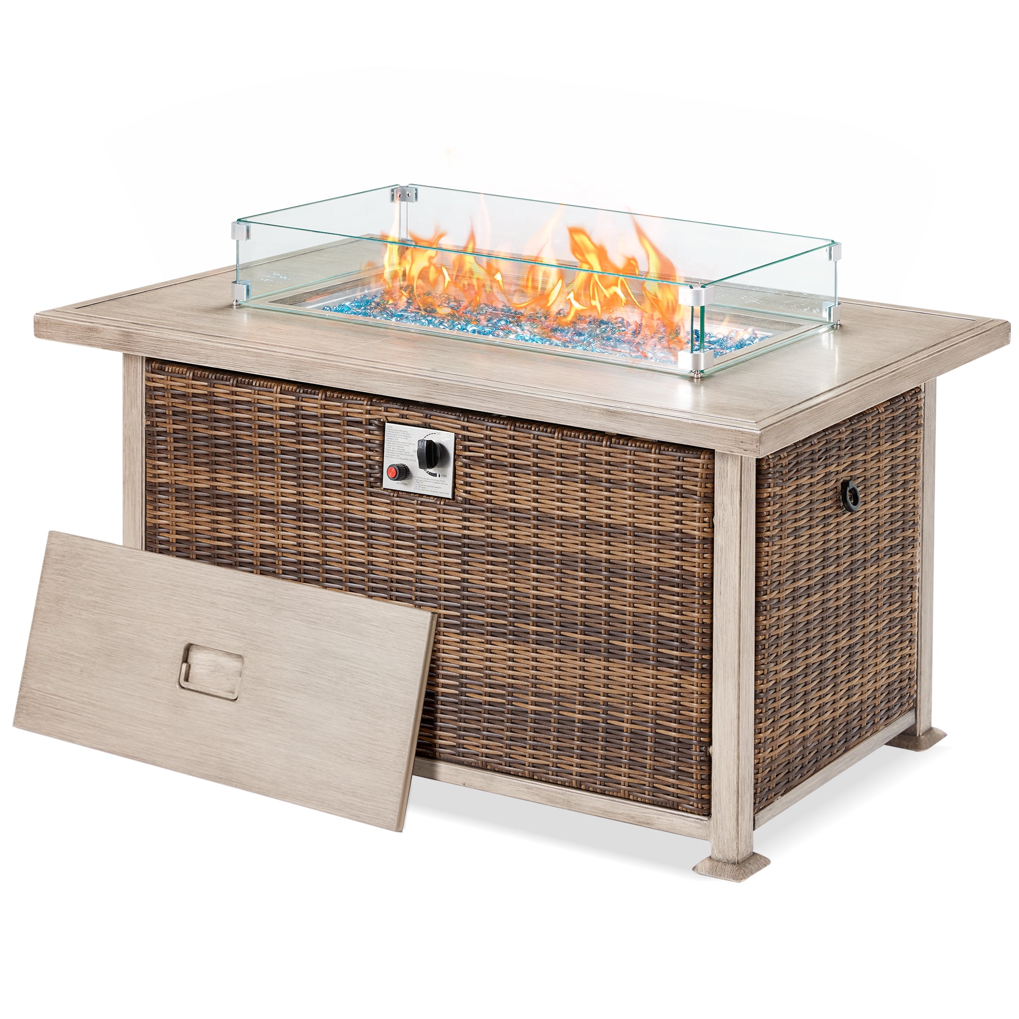 44-in Propane Patio Fire Pit Table, Outdoor Rattan Table with Wind ...
