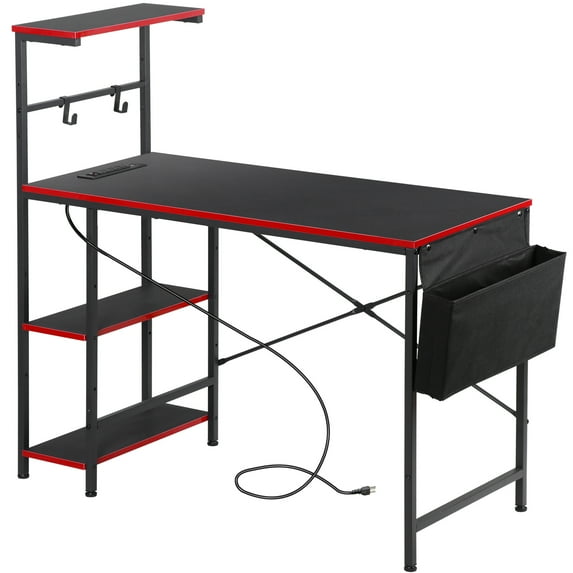 44 inch High Gaming Desk with Power Outlets and 4 Tier Storage Shelf ...