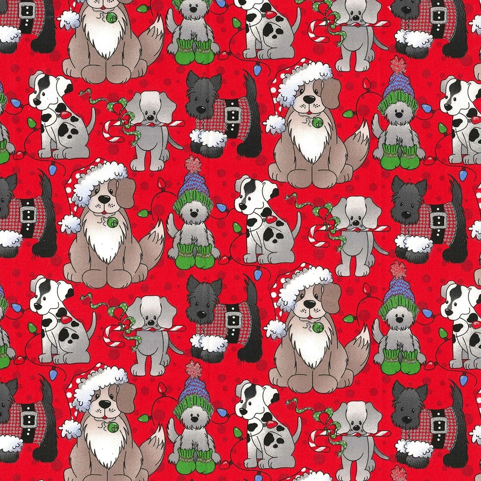 44 x 36 Christmas Dogs Puppies on Red Glitter Fabric Traditions 100% ...