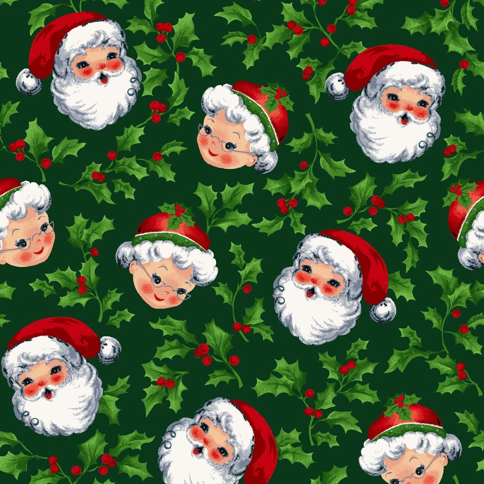 44 x 36 Christmas Mr and Mrs Santa Claus Heads on Green Fabric ...