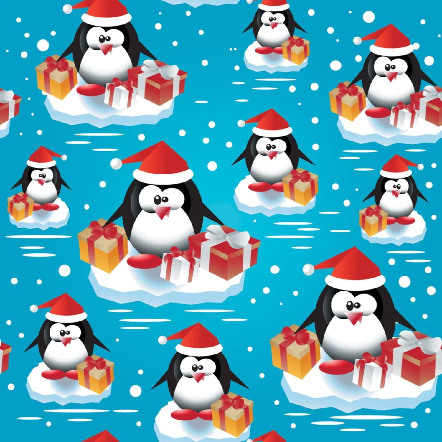 44 x 36 Christmas Penguins with Presents on Blue 100% Cotton Fabric By ...