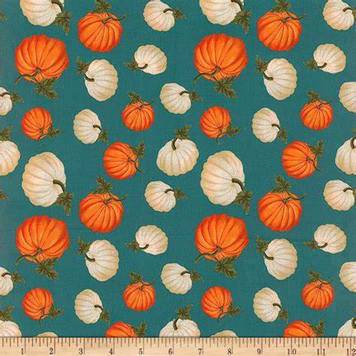 Mook Fabrics Thanksgiving Fall Autumn Tossed Pumpkins on Teal 100% ...