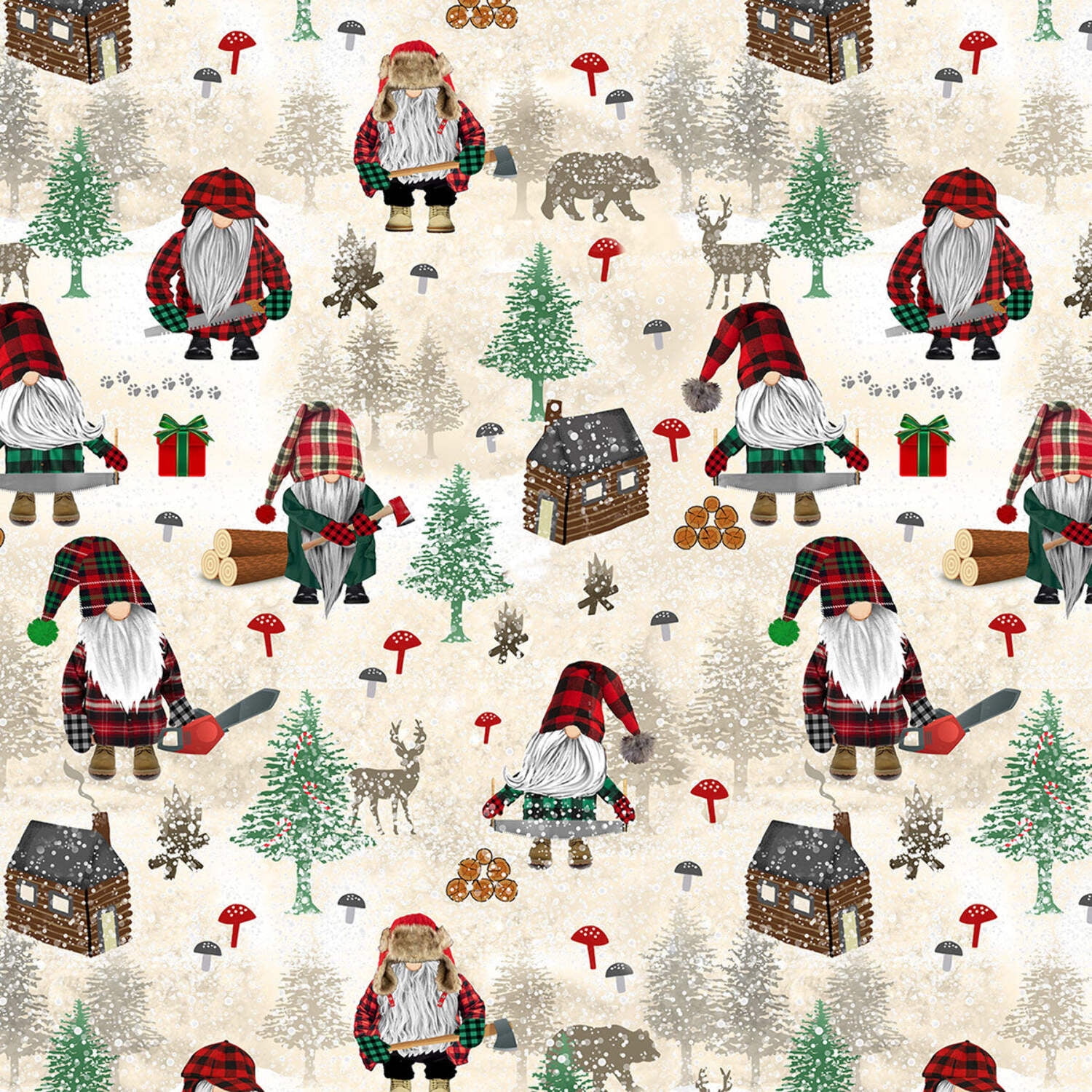 44 x 36 Lumberjack Gnomes Cream 100% Cotton Timeless Treasures ...