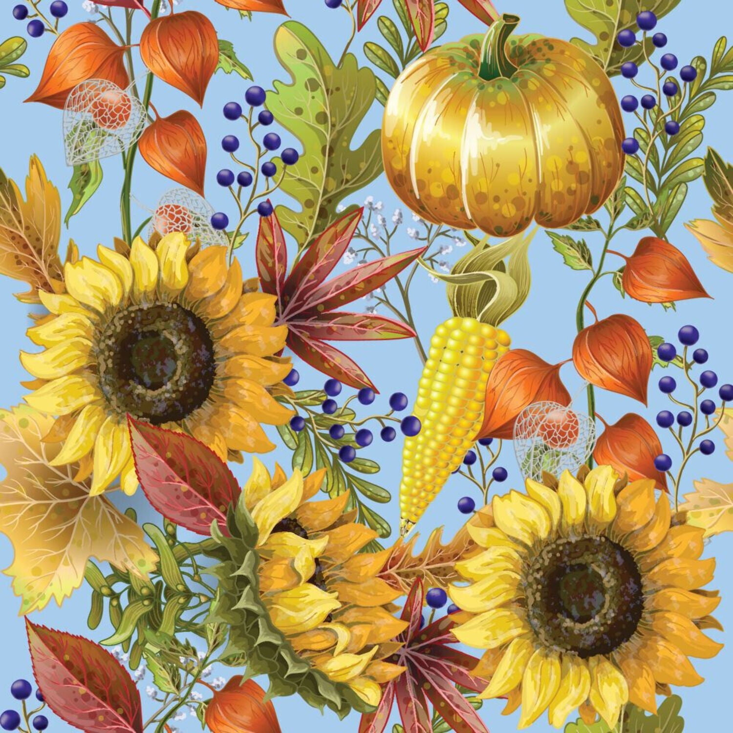 Fall Autumn Thanksgiving Pumpkins and Sunflowers on Light Blue 100% ...
