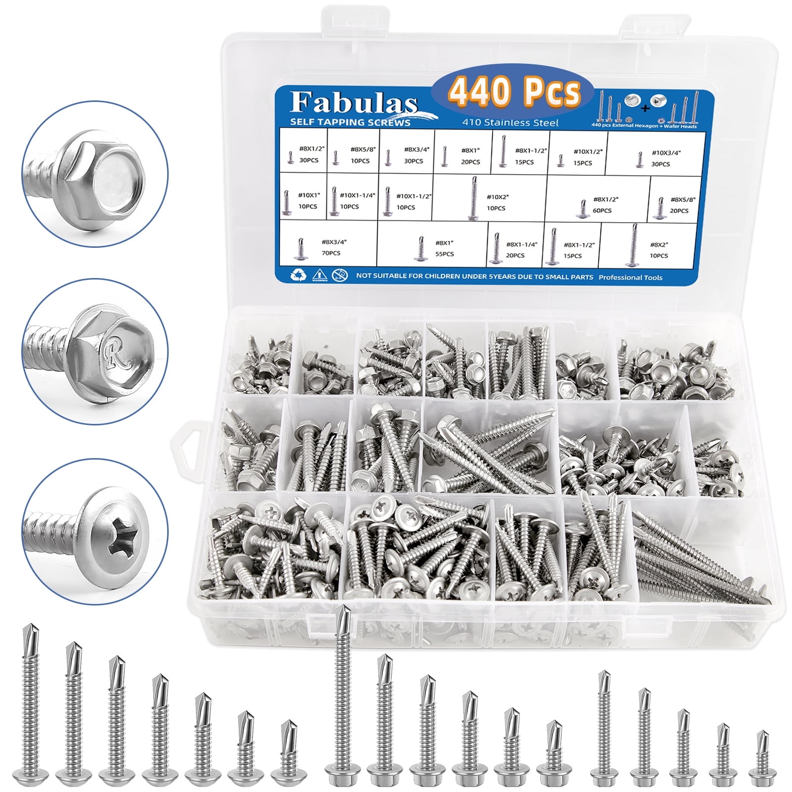 440 Pcs Self Tapping Screws for Metal, 410 Stainless Steel Sheet Metal ...