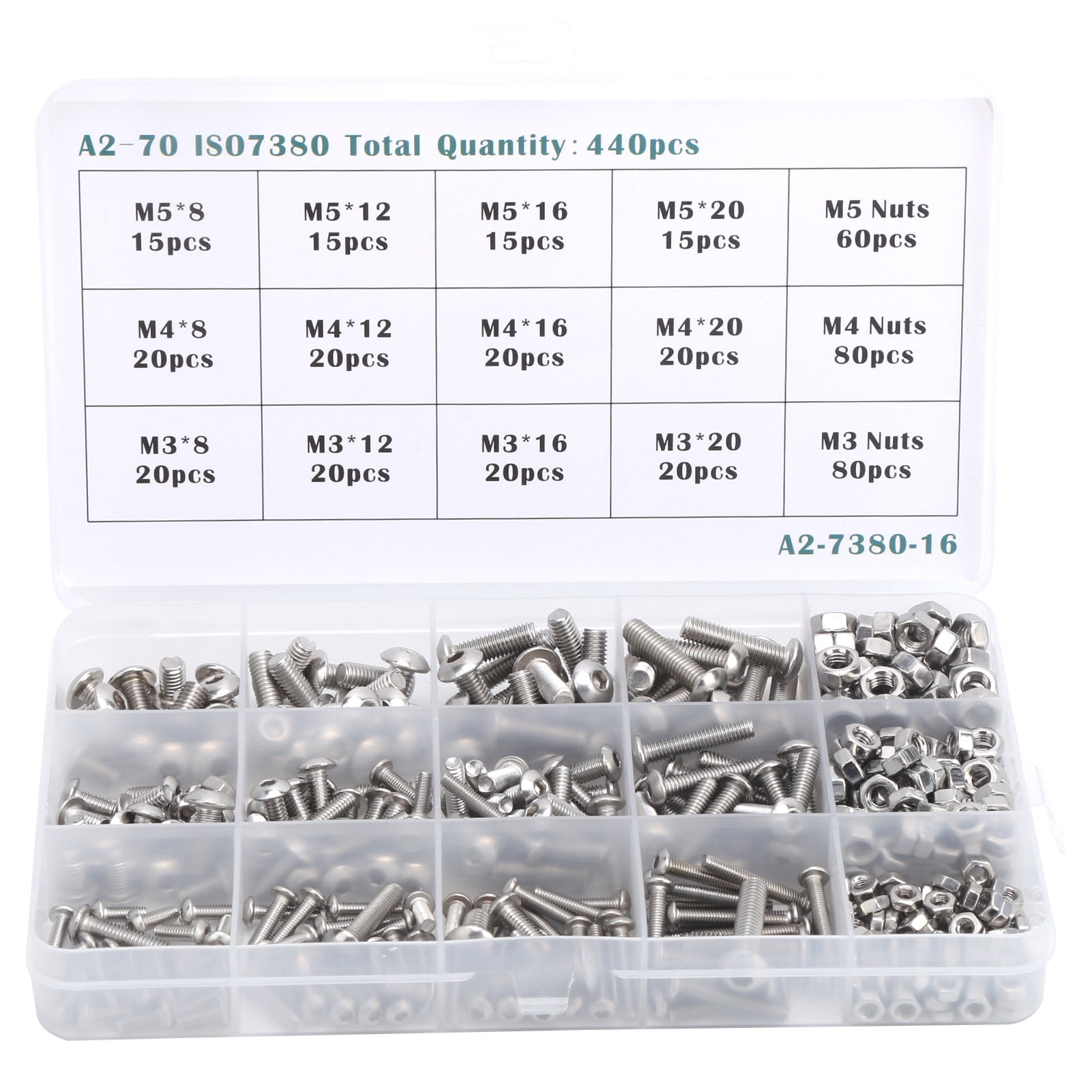 440PCS M3/M4/M5 Hex Socket Screw with Nut Assortment Set Stainless ...