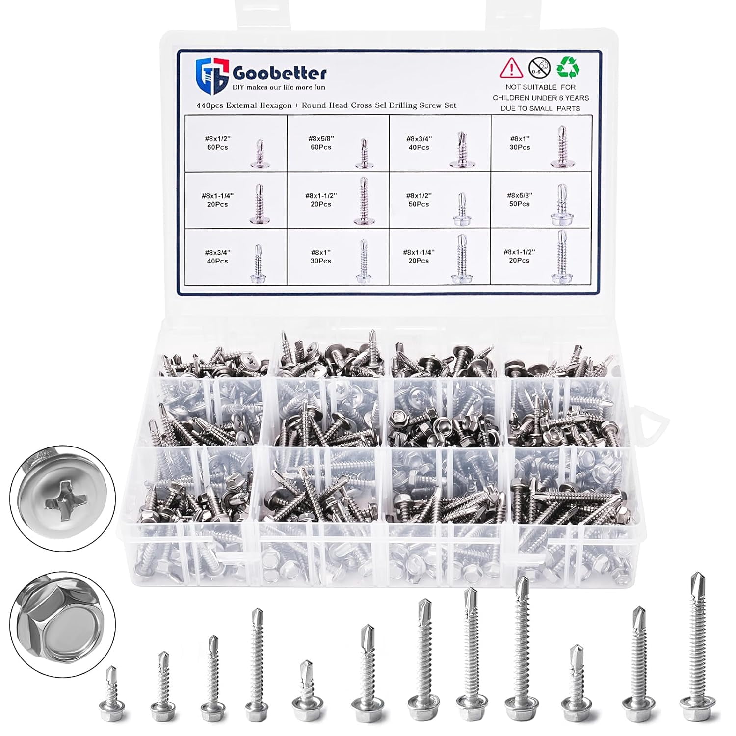 440PCS Stainless Steel Self Tapping Screws for Metal & Sheet Metal - #8 ...