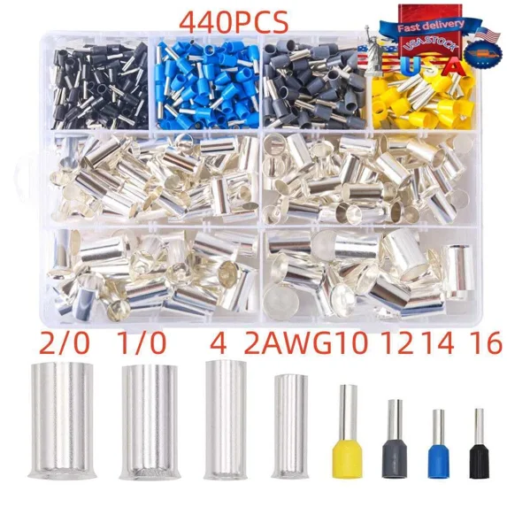 440Pcs 2/0 1/0 4 2 16 14 12 10 Awg Wire Ferrules Kits Crimp Terminals Connectors - Walmart.com