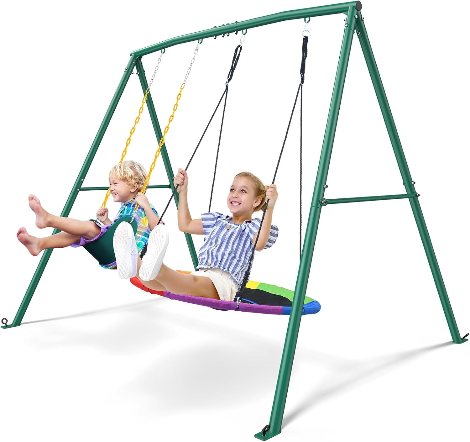 440lbs 2 Seat Swing Sets for Backyard, 1 Saucer Swing and 1 Belt Swing ...