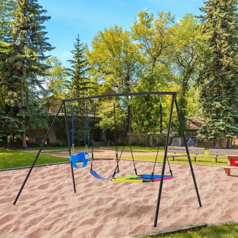 440lbs Heavy-Duty Metal A-Frame Swing Set with 3 Swings (Saucer/Belt ...