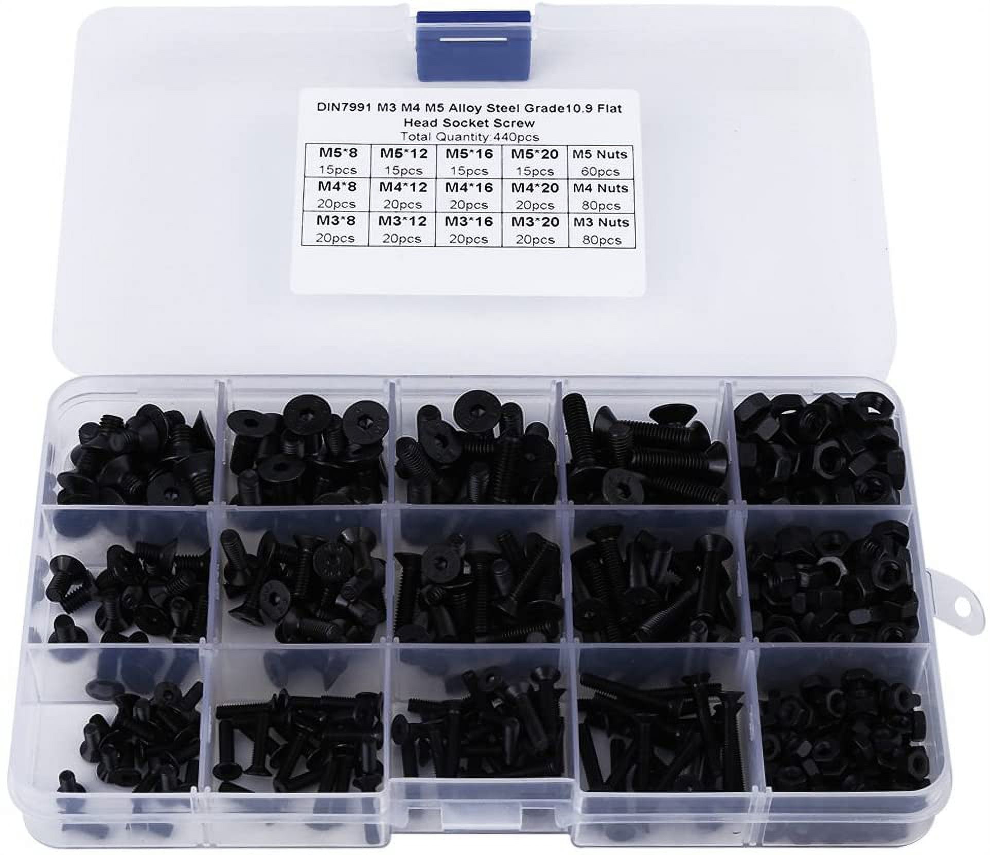 440pcs M3 M4 M5 Alloy Steel Flat Head Hex Socket Screws and Hex Nuts ...
