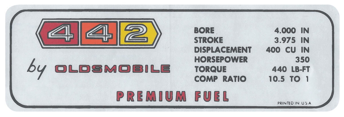 442 Valve Cover Premium Fuel Decal For 1967 Oldsmobile 442 and Cutlass ...