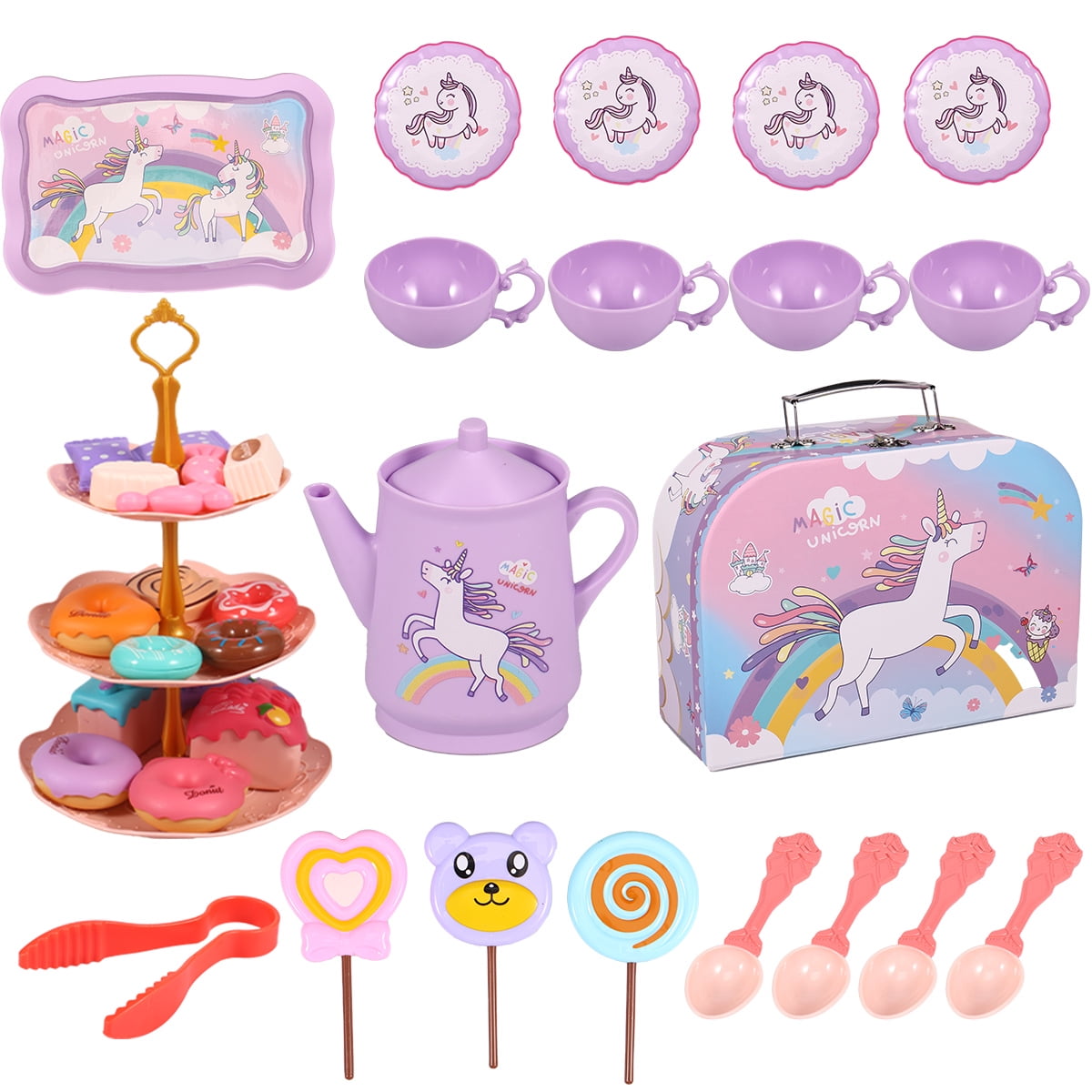 44Pcs Kids Pretend Toy Tea Set & Carrying Case - Unicorn Design Funny ...