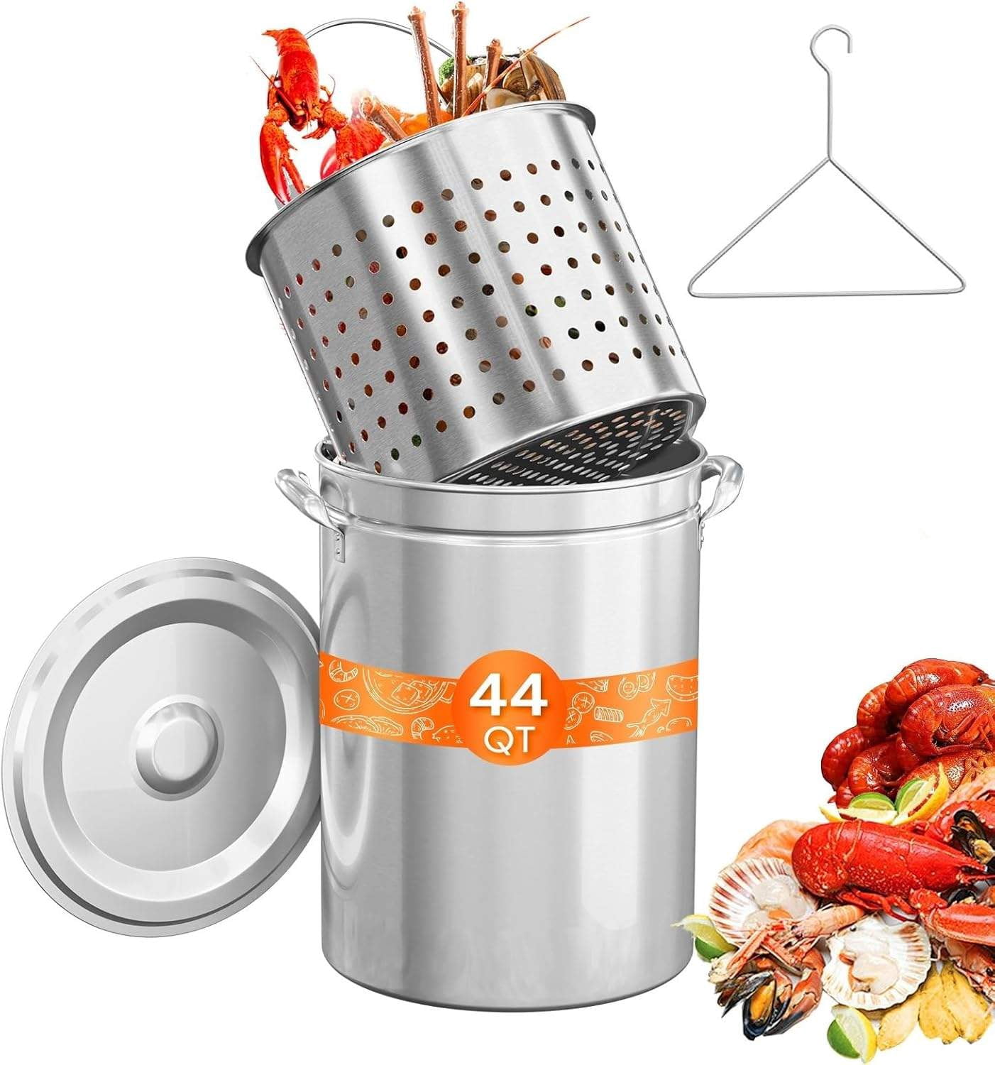 44QT Stainless Steel Seafood Boil Pot with Strainer Basket, Lid & Lift ...