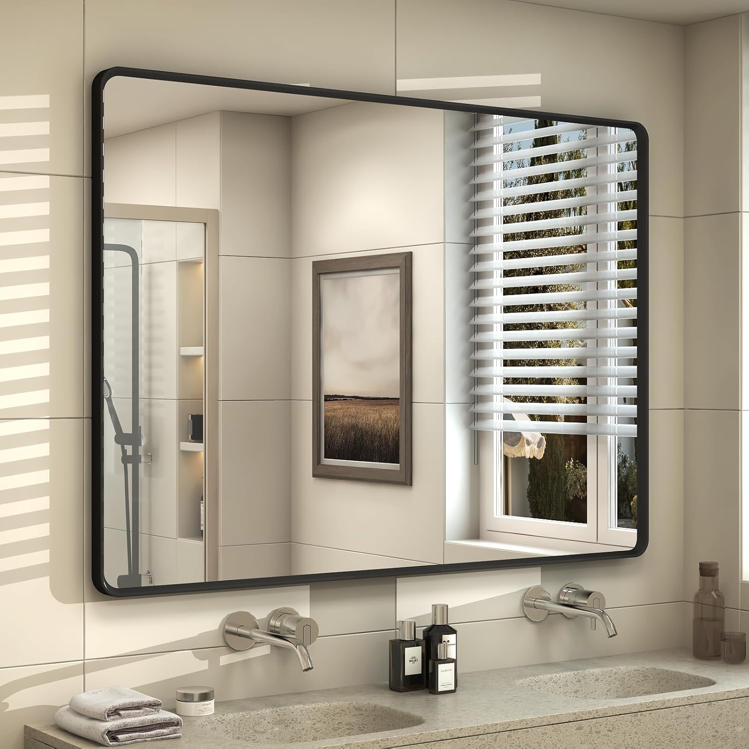 44X32 Inch Matte Black Bathroom Mirror with Black Frame, Rectangle ...