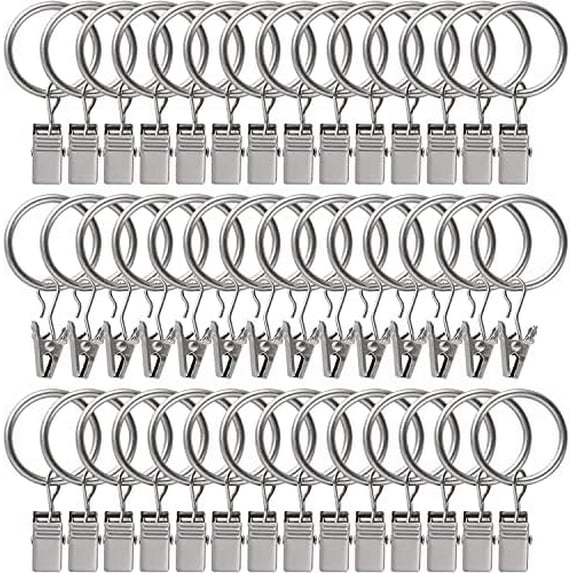 44pcs Curtain Rings with Clips Hooks, 1 inch Silver Metal Stainless ...