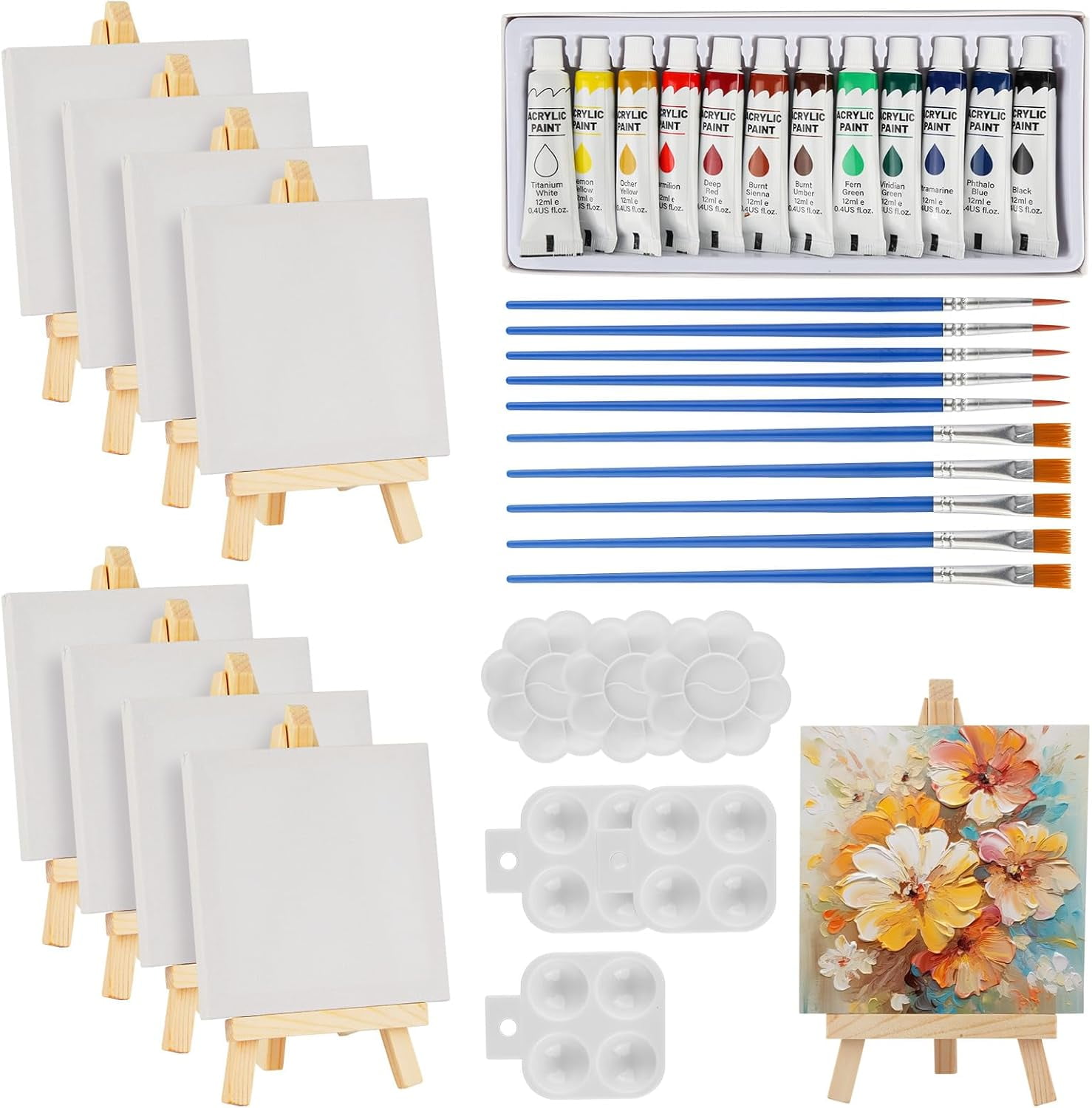 44pcs Mini Canvas and Easel, Small Canvas Painting Set Includes 4 x 4 ...