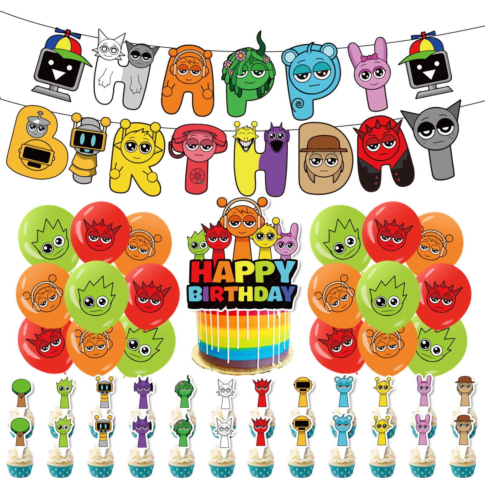44pcs Sprunki Plush Birthday Decorations, 5in Cupcake Cake Toppers And ...