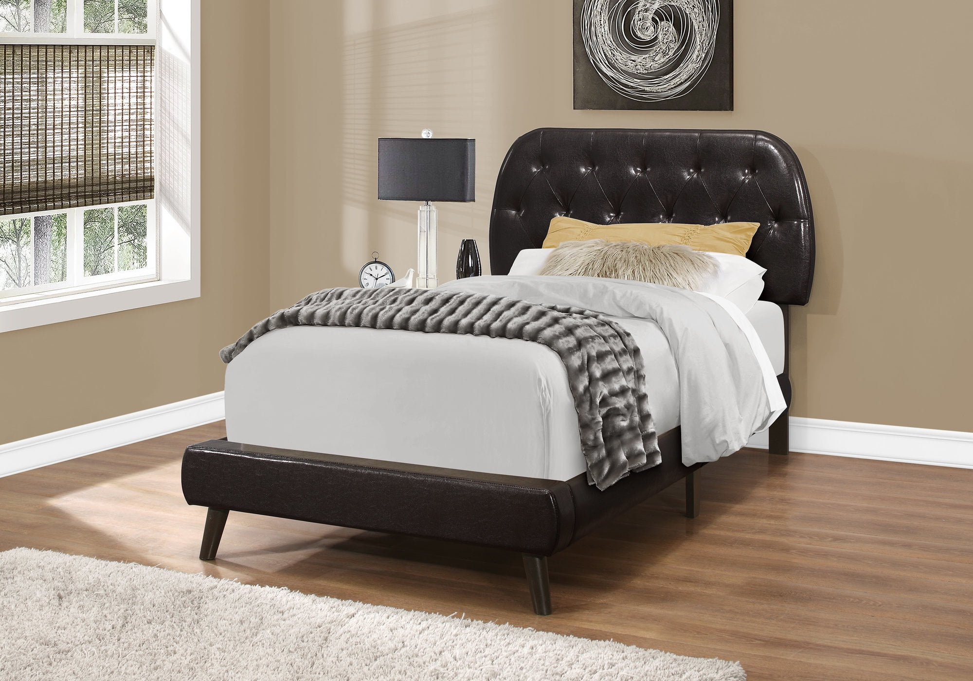 45.25" Brown Solid Wood MDF Foam and Linen Twin Sized Bed with Wood ...